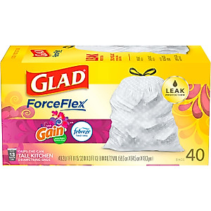 Glad Tall Kitchen Quick-Tie Trash Bags, OdorShield 13 Gallon White Trash Bag, Gain Moonlight Breeze with Febreze Freshness, 40 Count (Package May Vary)