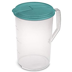 Sterilite 0488 One-Gallon Round Pitcher, Clear Base with Blue-Atoll (Teal) Lid and Tab