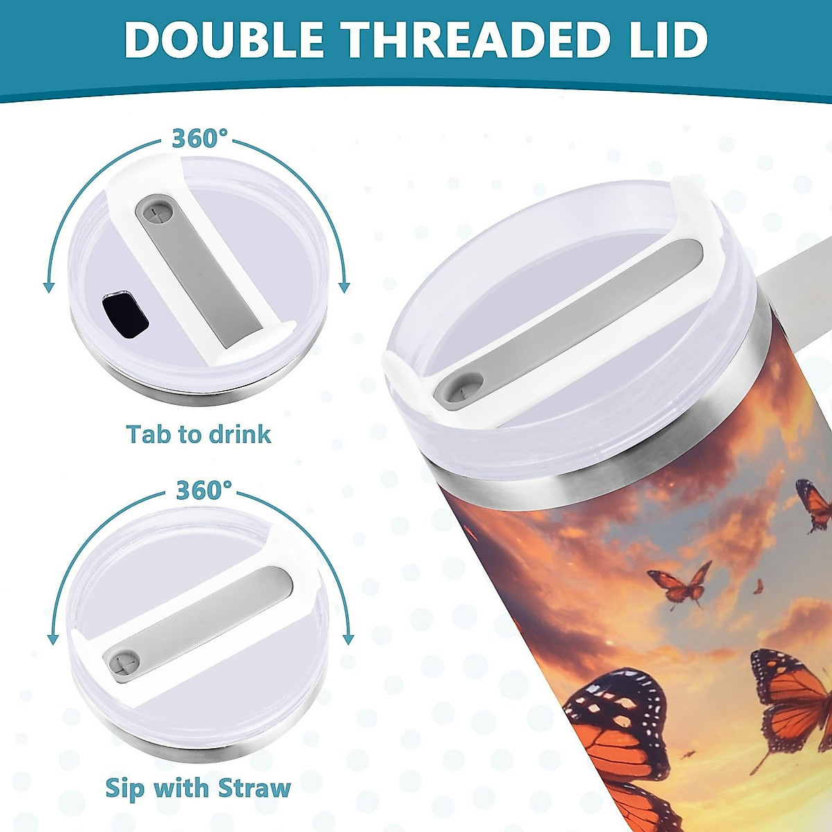 Slewiaeky Cute Animal Butterfly 40 oz Tumbler with Handle Straw and Lid Sunshine Stainless Steel Vacuum Insulated Reusable Water Bottle Glasses Travel Mug Thermal Cup for Home Office Car