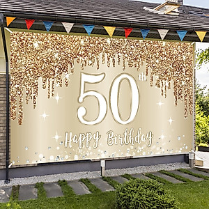 Happy 50th Birthday Banner Backdrop Decorations for Women, Gold White 50 Birthday Sign Party Supplies, Fifty Year Old Birthday Photo Booth Background Poster(72.8 x 43.3 Inch)