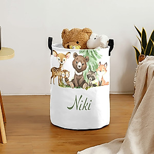 BigBigift Greenery Woodland Bear Deer Round Laundry Basket Personalized with Name Waterproof Canvas Clothes Basket Laundry Hamper with Handles for Kids Room Bedroom Gift Baskets