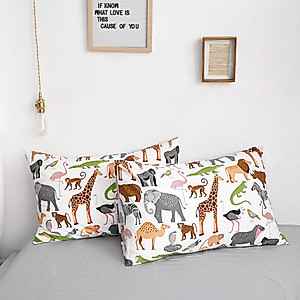 BlueBlue Safari Kids Duvet Cover Set Twin, 100% Cotton Bedding for Boys Girls Teens Single Bed, Animal Lion Elephant Rhino Giraffe Zebra Pattern on White, 1 Comforter Cover 2 Pillowcase (Twin, Zoo)