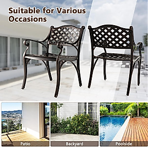 Giantex Cast Aluminum Patio Chairs Set of 2, All Weather Outdoor Dining Chairs w/Armrests and Curved Seats, Heavy Duty Metal Bistro Chairs for Porch, Garden, Poolside, Backyard, Bronze (Classic, 1)