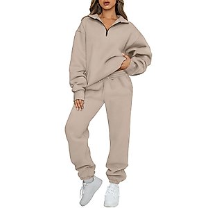 AUTOMET Women's Sweatsuits 2 Piece Outfits Long Sleeve Half Zip Pullover and Baggy Sweatpants with Pockets CoffeeGrey XL