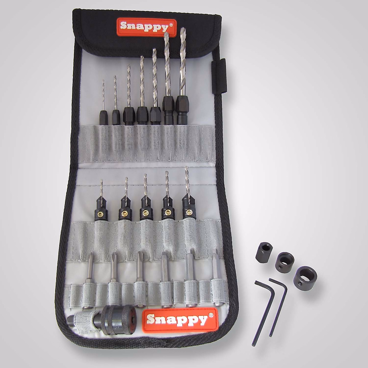 Snappy Tools 48025 5xGold Screw Countersinks, 7xDrill Bit Adapters, 6x2" Industrial Driver Bits, Quick Change Chuck, 2xCountersink Stop Collars, Hex Shank Socket, 2xHex Keys, Canvas Pouch (25 Pieces)