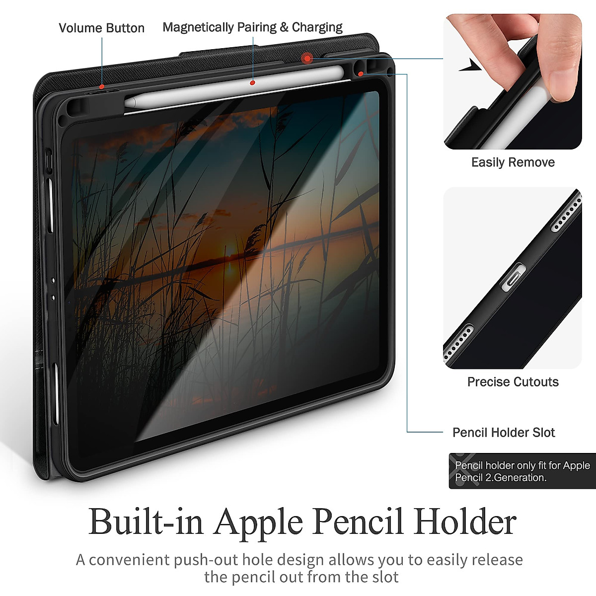 KingBlanc Case for iPad Pro 11 inch 4th/3rd/2nd/1st Generation (2022/2021/2020/2018) with Pencil Holder, PU Leather Protective Stand Folio, Auto Sleep/Wake, Multi-Angles for Viewing/Typing, Black