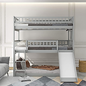 HABUHOME Full-Over-Full-Over-Full Bunk Bed with Built-in Ladder and Slide, Wooden Triple Bunk Bed with Guardrails,Gray