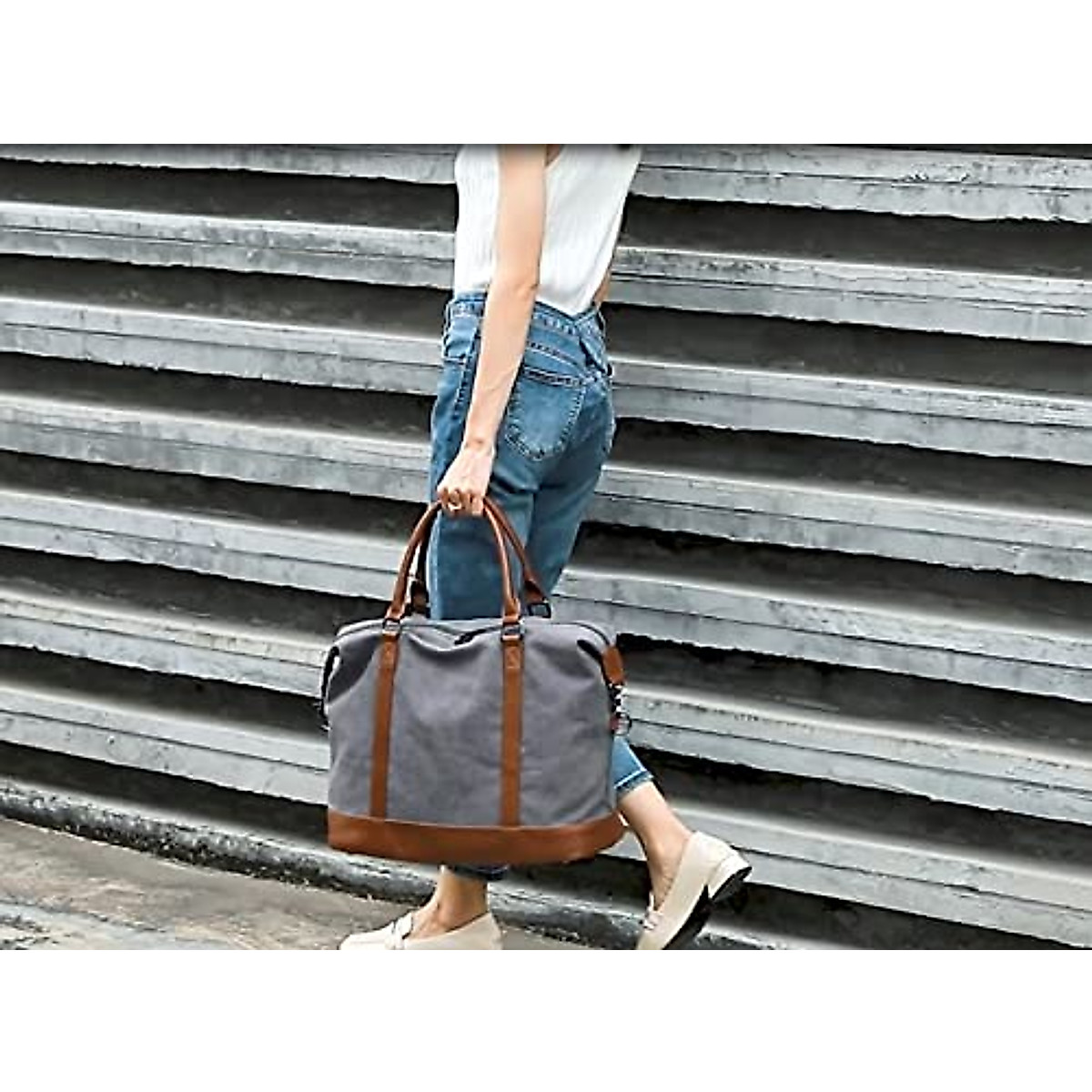 Bluboon Women Ladies Canvas Weekender Bag Overnight Carry-on Tote Duffel in Trolley Handle (Grey)