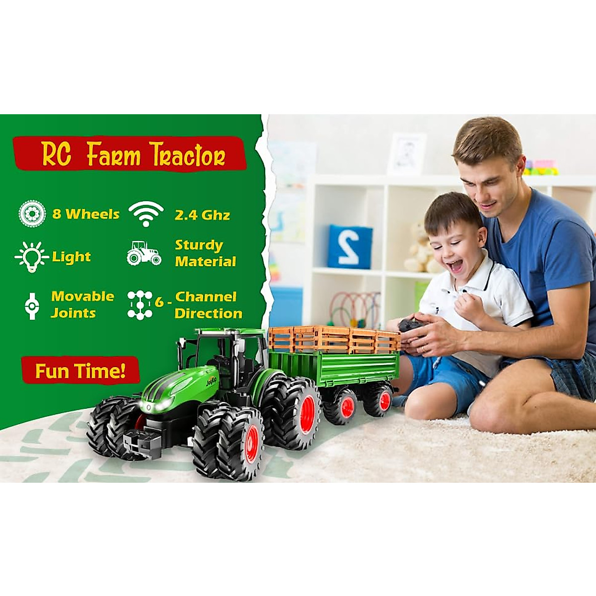 Remote Control Tractor and Trailer Set RC Kids Tractor Toy Front Loader Farm Truck Toddler Farm Toys with Lights and Sound, Metal Cab, 8 Wheels RC Toys Boys Gift for 3 4 5 6 7 8 Years Old