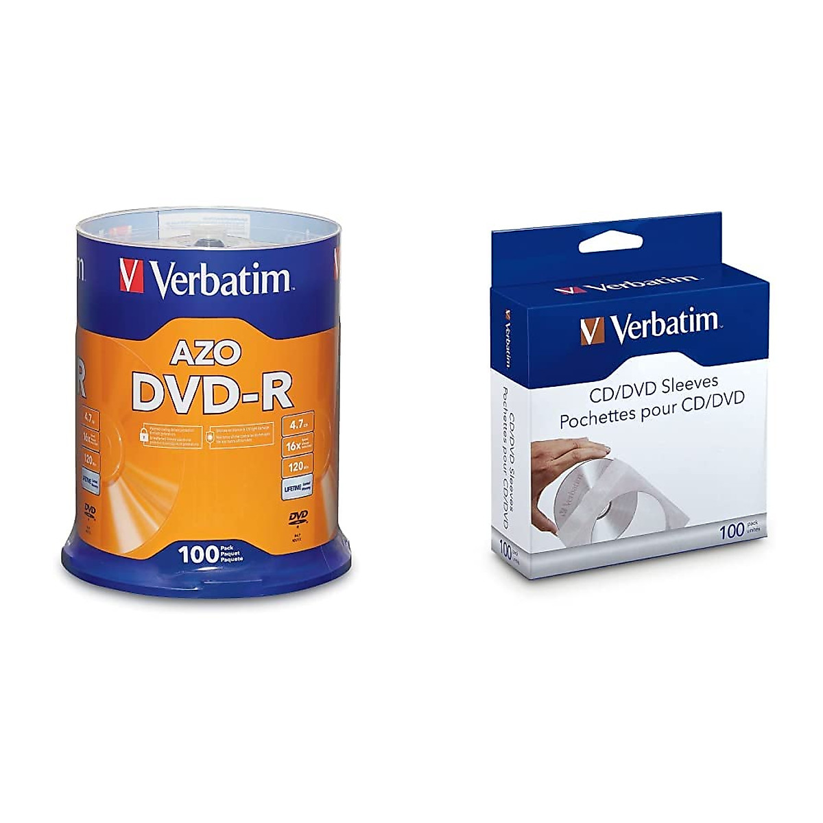 Verbatim DVD-R 4.7GB 16x AZO Recordable Media Disc - 100 Disc Spindle - 95102 & CD/DVD Paper Sleeves-with Clear Window 100pk