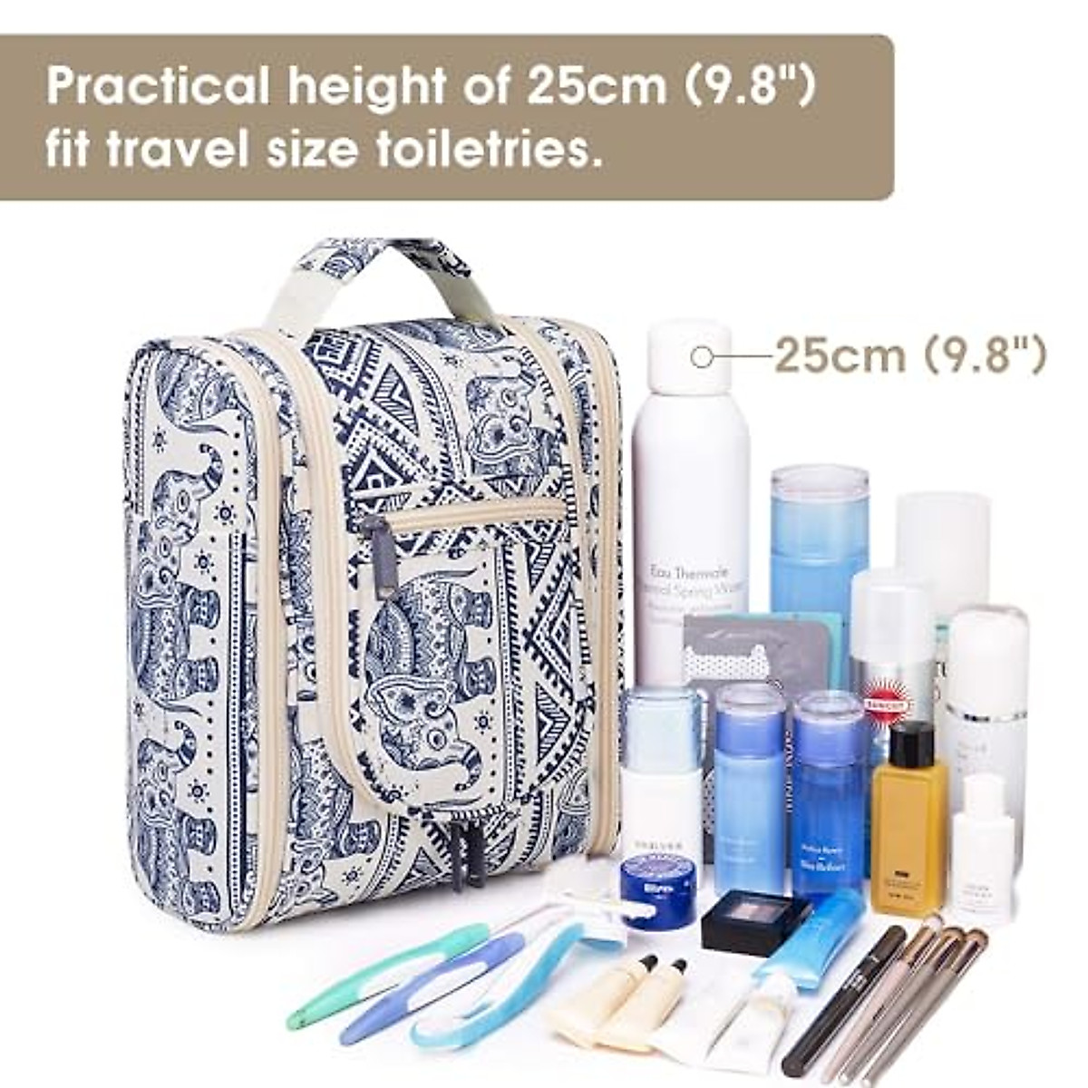 Narwey Small Hanging Toiletry Bag Women Travel Makeup Bag Organizer Toiletries Bag for Travel Size Essentials Accessories Cosmetics (Medium, Elephant)