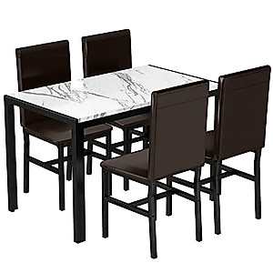 AWQM Dining Table Set for 4, Modern Kitchen Table and Chairs Set, Faux Marble Tabletop and 4 PU Leather Upholstered Chairs Dining Set for Living Room, Kitchen, Dining, Compact Space - White