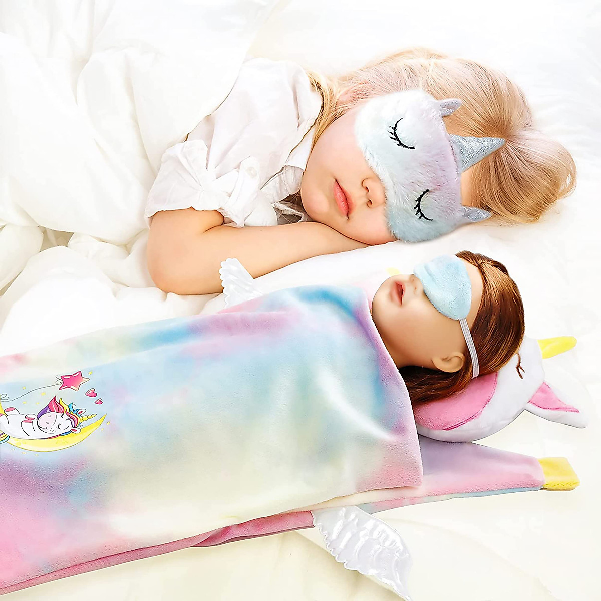 Windolls Girl 18 Inch Doll Sleeping Bag & Clothes Accessories Set - Unicorn Doll Costume with Unicorn Style Sleeping Bag, Eye Masks, Pillow, Slippers - Fits My Life, Generation, Journey Dolls