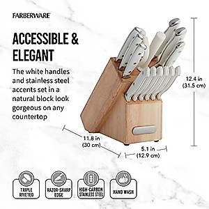 Farberware 15-Piece Forged Triple Rivet Knife Block Set, Razor-Sharp Kitchen Knife Set with Wood Block, High-Carbon Stainless Steel, White