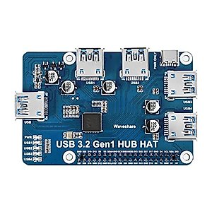 Waveshare USB 3.2 Gen1 HUB HAT, Compatible with Raspberry Pi 5/4B/3B/Zero/Zero W/Zero 2W/Pico/Pico W/Pico WH, 4X USB 3.2 Gen1 Ports, No Driver Required