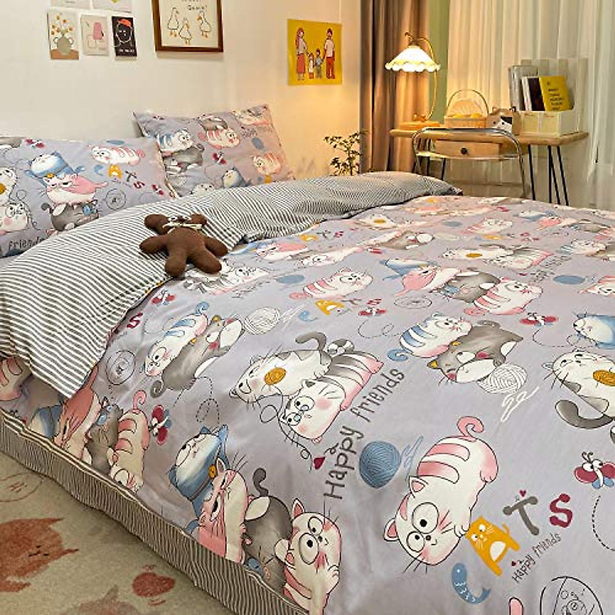 Animal Print Duvet Cover, 3 Pieces 100% Cotton Cat Bedding Set, Pink Gray Blue Cartoon Lovely Cat Pet Pattern Duvet Cover, with Zipper Ties, Luxury Ultra Soft Extremely Durable (Cat, Queen)