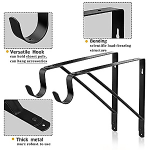 Closet Rod Bracket, Heavy Duty Shelf Bracket with Rod Holder, 11x 10 inch Black Closet Rod Support Wall Mounted Clothes Hanger Pole Support Hooks, 2 Pack