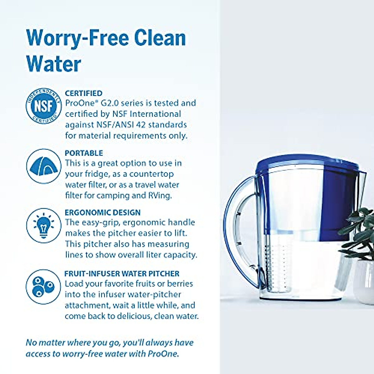 ProOne Water Filter Pitcher with Fruit Infuser, Filtered Water Pitcher for Kitchen, Office, Camping, or RVing, Independently Tested Proven to Reduce PFAS.