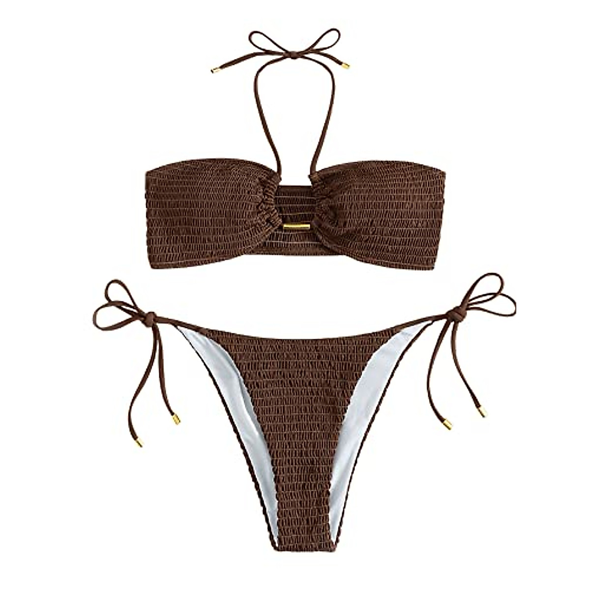 SweatyRocks Women's 2 Piece Bathing Suit Ribbed Tie Side Halter Bikini Swimsuit Coffee Brown M