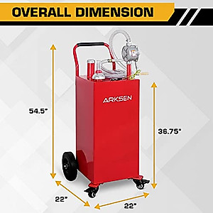 Arksen 35 Gallon Portable Gas Caddy Fuel Storage Tank Large Gasoline Diesel Can Hand Siphon Pump Rolling Flat-Free Solid Rubber Wheels Boat ATV Car Motorcycle