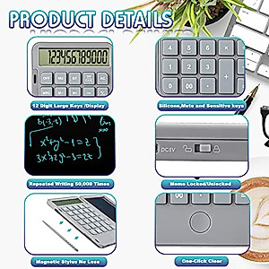 Hion Calculators,12-Digit Large Display Rechargeable Pocket Office Desktop Calculator with Erasable Wiriting Tablet,Mute Basic Desk Calculators with Doodle Pad for Student Home School,Grey