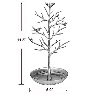 WELL-STRONG Jewelry Tree Necklace Earring Holder Modern Cute Bird Jewelry Stand for Women Girls Teen Silver