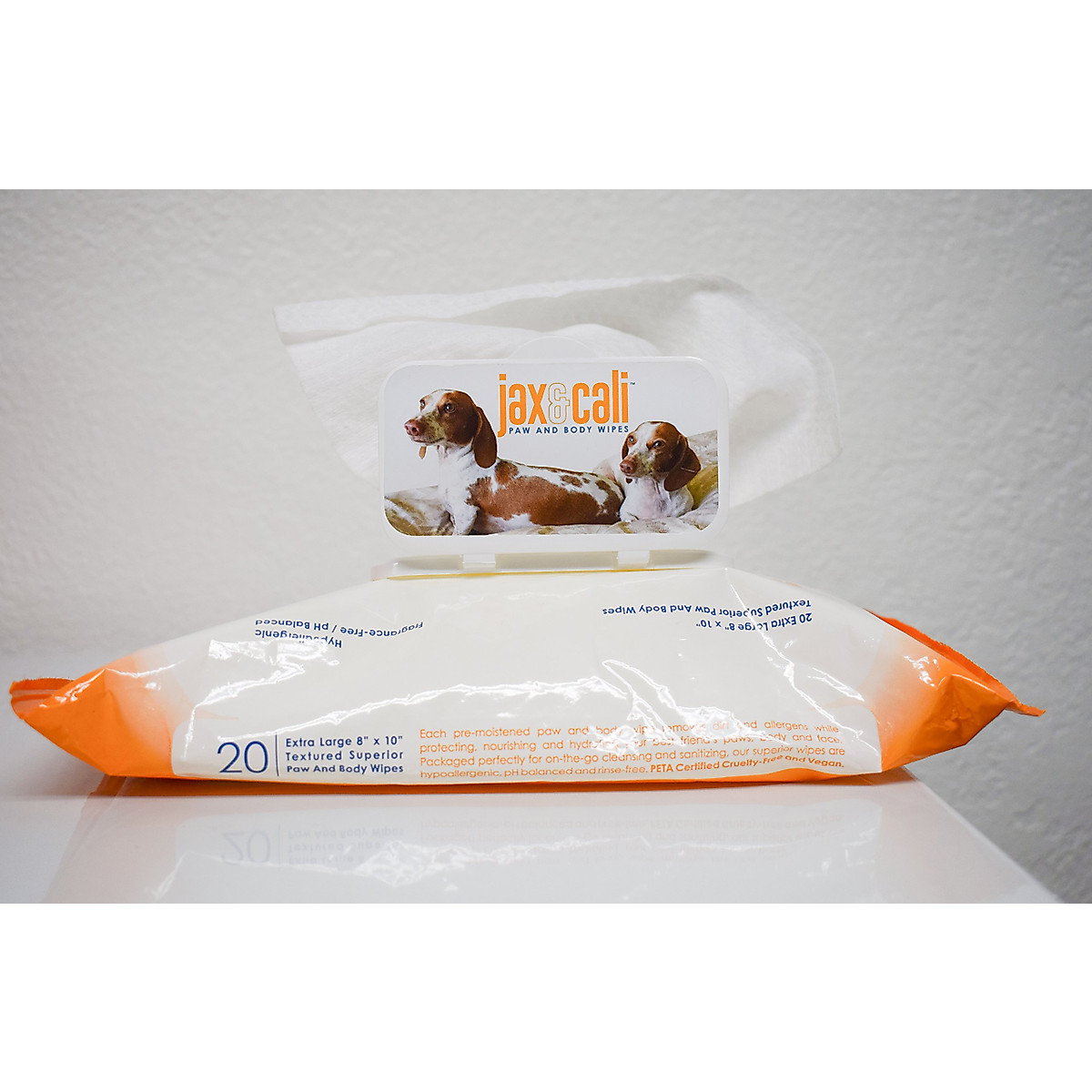 JAX & CALI Pet Wipes, Natural Textured Paw and Body Wipes, Hypoallergenic, pH Balanced, Vitamins B3 & E, Soothing Aloe, No Fragrance, Holistic, Cruelty Free, Dogs & Cats, Extra Large 8"x10", 20 Wipes