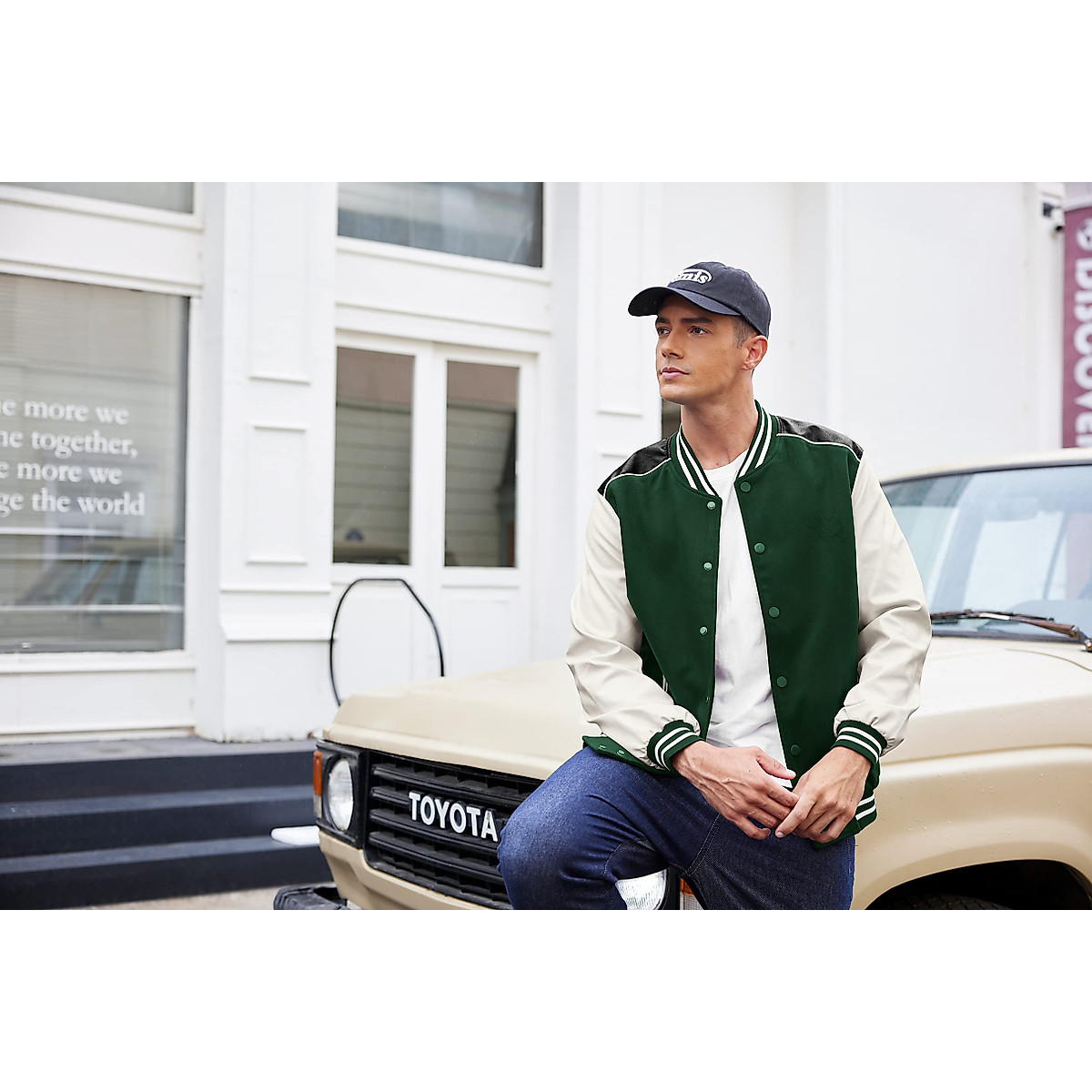 COOFANDY Mens Letterman Jackets Unisex Baseball Bomber Jacket Wool Faux Leather Coats Outwear Green Fall Jacket
