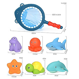 Bath Toy Baby Bathtub Toys, Sea Animals Squirter Toys, Water Spraying Discoloration Floating Animals Fishing Net, Bathroom Floating Pool Fishing Play Set for Toddler Kids, Set of 7