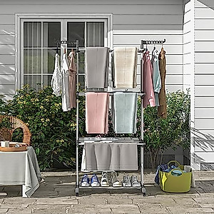Tangkula 4-Tier Clothes Drying Rack, Collapsible Laundry Rack Stand with 2 Hanger Holders, 3 Tier Retractable Trays, 1 Bottom Shoe Rack, Movable Garment Drying Station with 4 Castors (Silver)