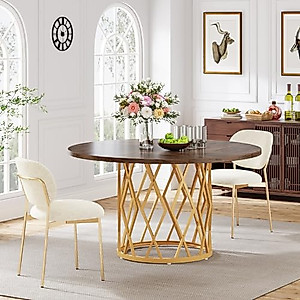 Tribesigns Round Dining Table for 4 People, Circle Dining Room Table with Metal Base, 47.2 Inch Round Kitchen Dinner Table for Living Room Kitchen Dining Room (Gold and Brown)