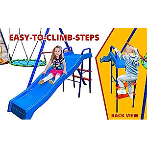 Fitness Reality Kids 6 Station Sports Metal Swing Set for Backyard with Slide Seesaw, Saucer Swing, Basketball Hoop, and Soccer Rebounder (8413)