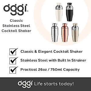 OGGI Classic Cocktail Shaker Copper - 26 oz, Stainless Steel Construction, Built in Strainer - Ideal Home Bar Drink Mixer, Bartender Kit, Essential Bar Accessories