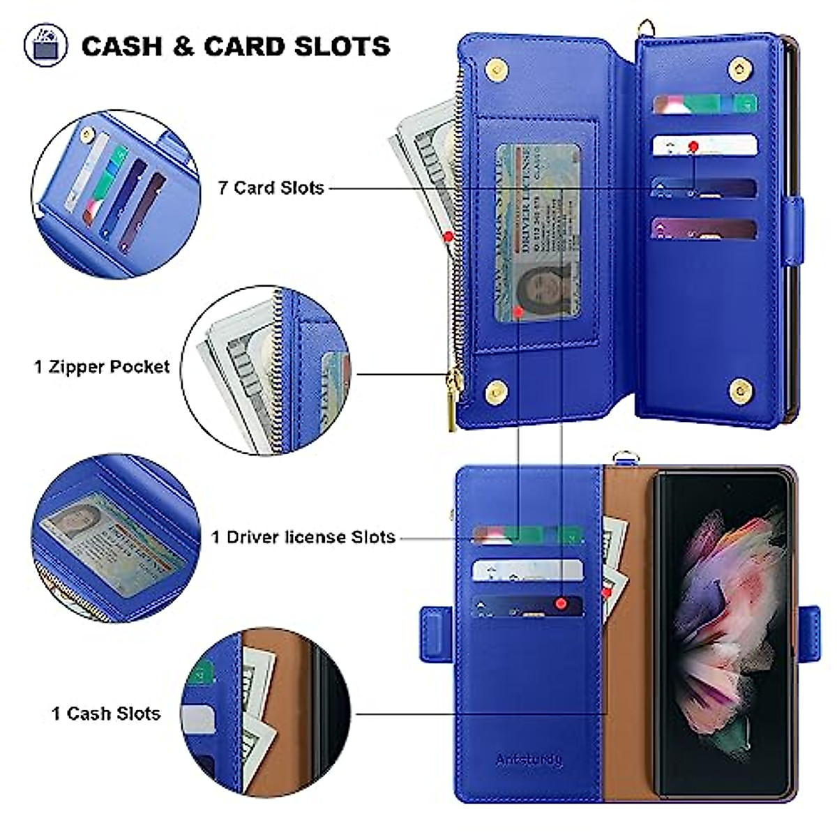 Antsturdy Samsung Galaxy Z Fold 3 5G Wallet with Card Holder for Women Men,Galaxy Z Fold 3 Phone case RFID Blocking PU Leather Flip Shockproof Cover with Strap Zipper Credit Card Slots,Purple Blue