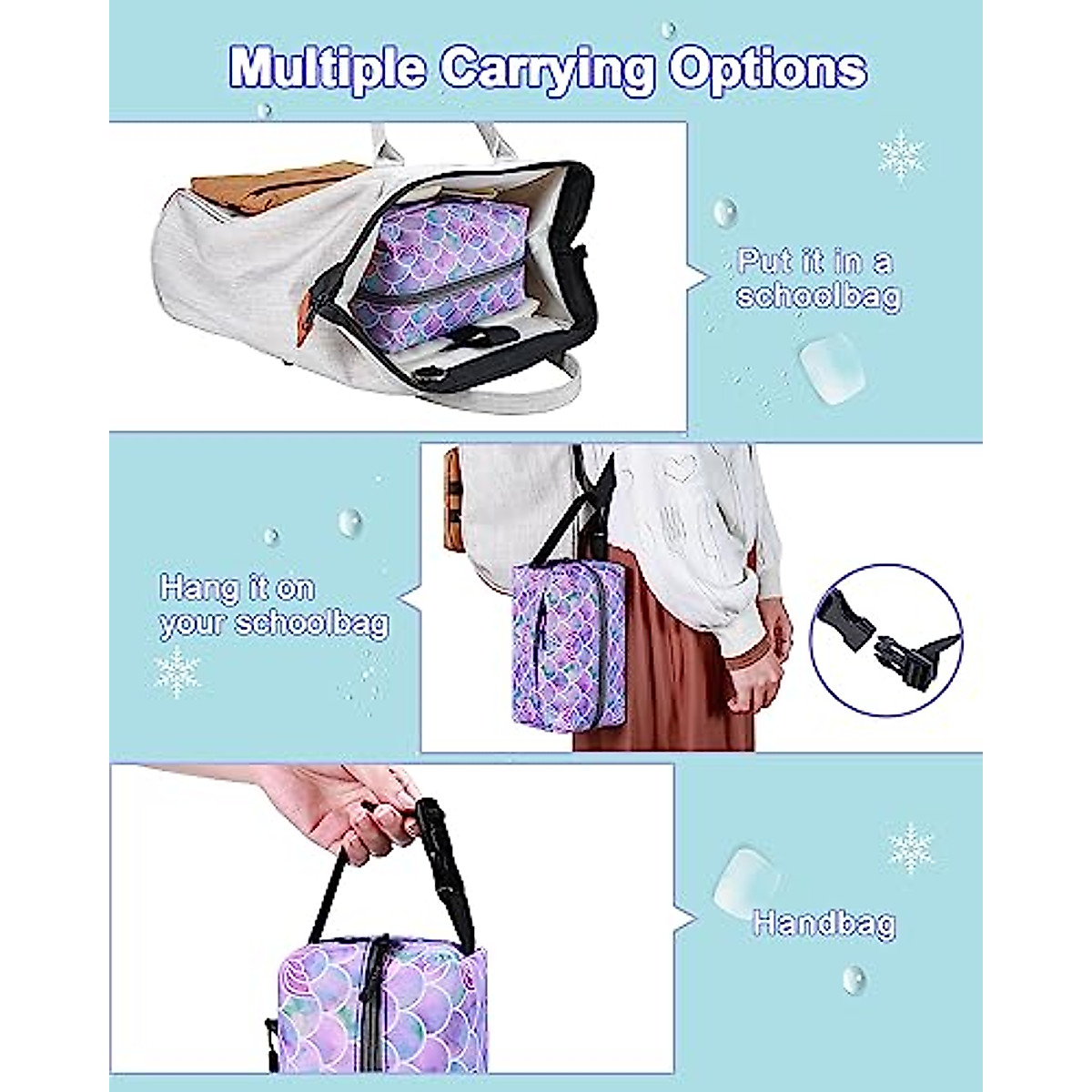 Amersun Freezable Small Cooler Bag(Built-in Ice Packs, TSA Approved), Insulated Lunch Bag for Child, Reusable Snack Bags for Kids, Portable Mini Cooler Bag with Adjustable Handle (Mermaid)