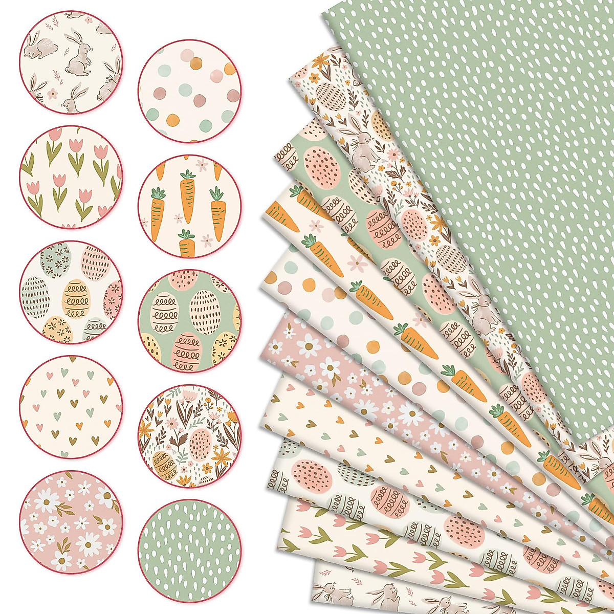 Whaline 10Pcs Easter Cotton Fabric Bundles Easter Bunny Egg Carrot Flower Fat Quarters Pastel Easter Spring Quilting Patchwork for DIY Handmade Craft Party Decor, 18 x 22 Inch