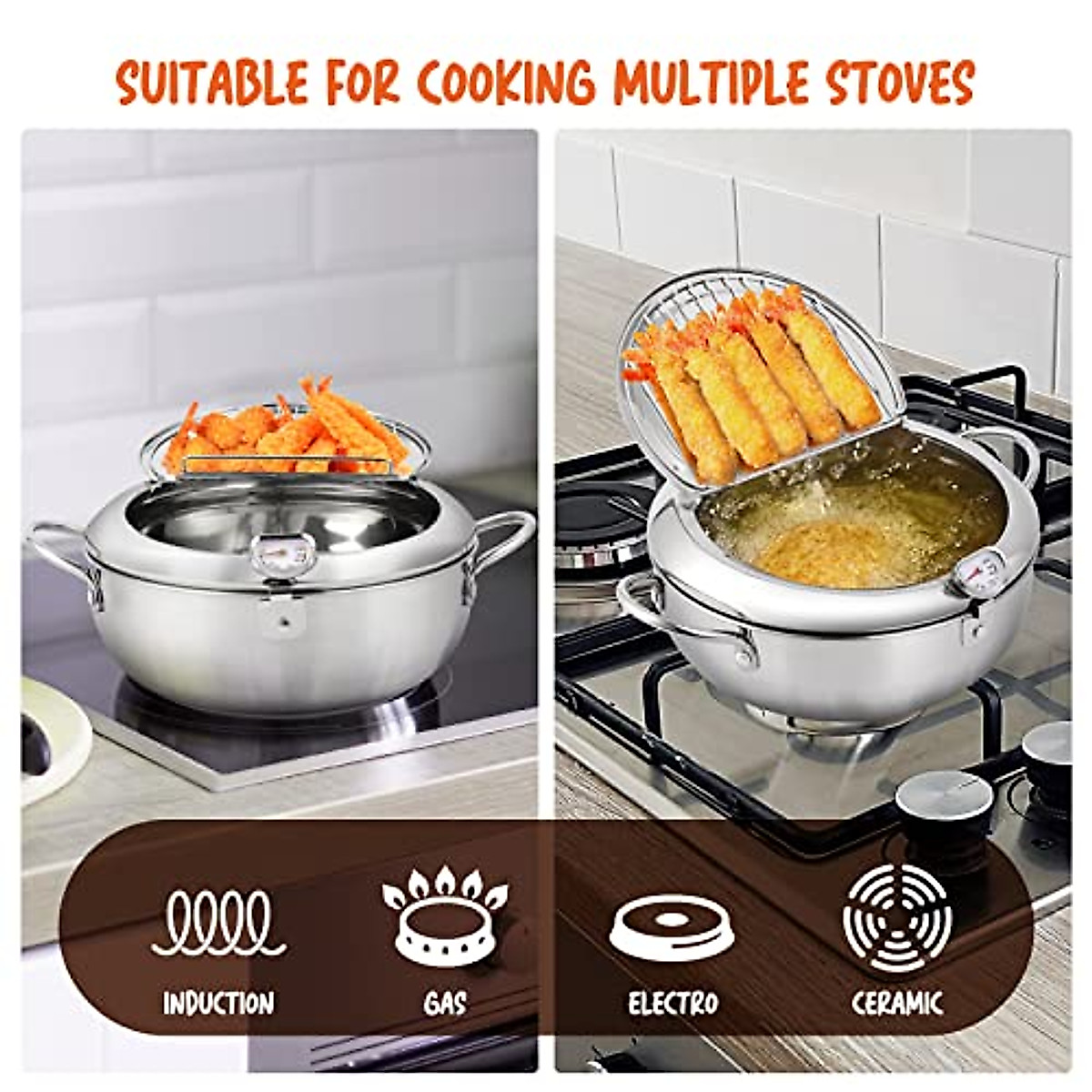 Oxydrily,deep Fryer Pot,304 Stainless Steel with Temperature Control and Lid Japanese Style Tempura Fryer