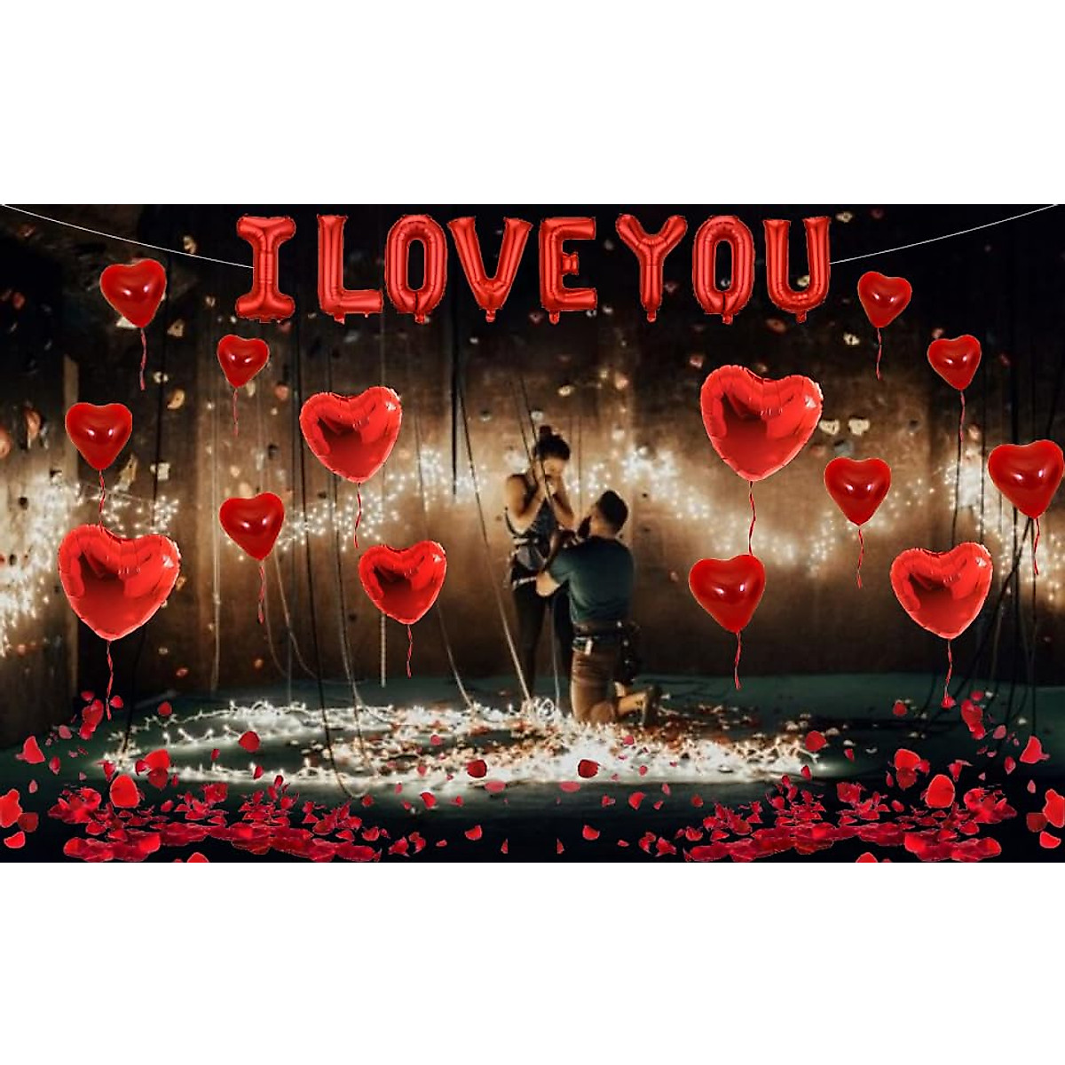 50 6inch red Heart Balloons Latex，18inch 10Pcs red Heart Balloons Foil ，1Pcs red I Love U Balloon，3Pcs Fireworks guns，Red Petals Kit for Valentines Day,Propose Marriage,Wedding Party