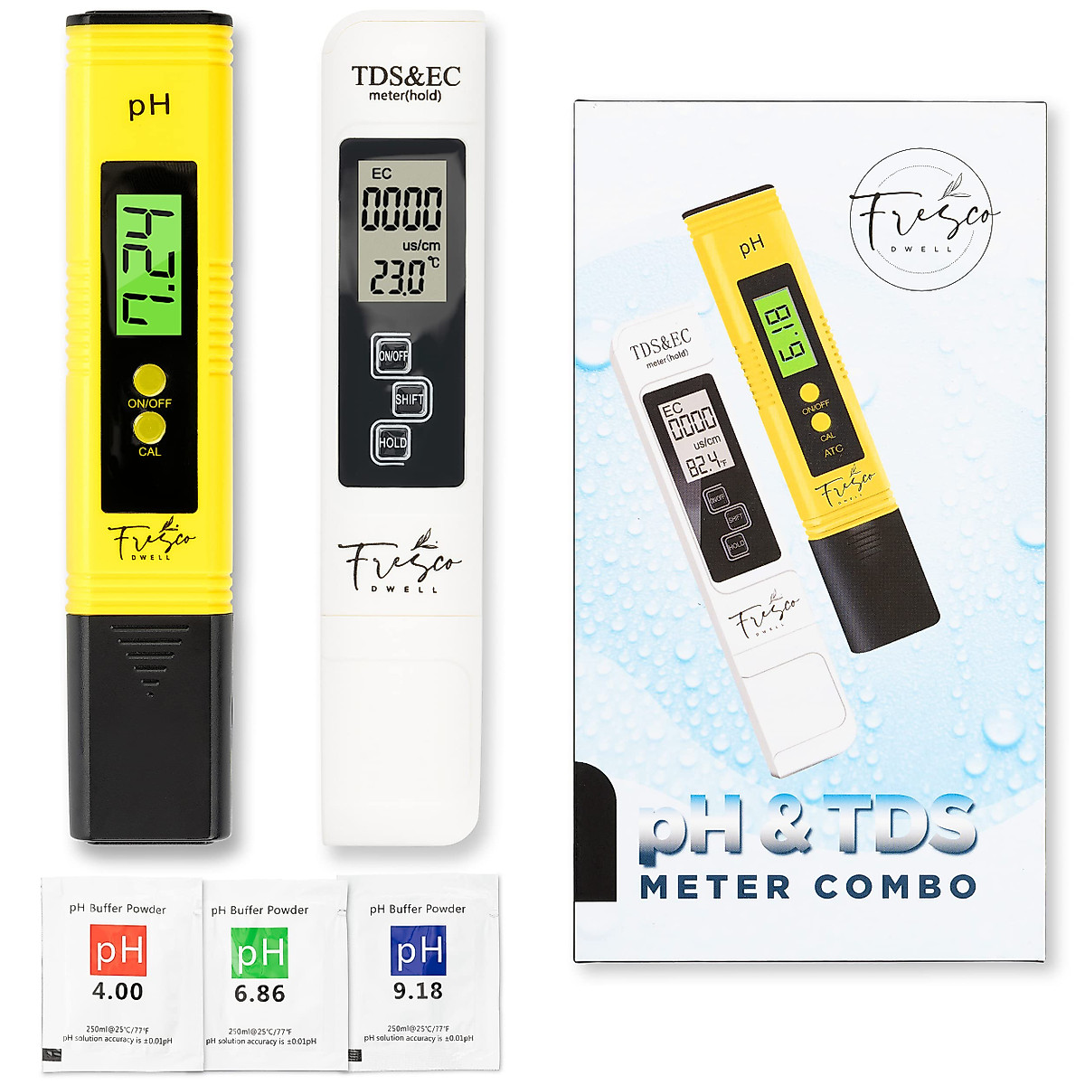 Fresco Dwell pH and TDS Meter Combo, Digital Water Tester with 3-in-1 TDS Meter, Professional High Accuracy Pen Type pH meter with ± 2% for Hou