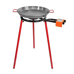 Machika Ibiza Paella Kit with 28-inch Carbon Steel Pan | 8-16 - 24 in Triple Ring Paella Burner and Stand Set (34 in) | Perfect for Gastronomic Events, Caterings, Camping | 25 Servings |