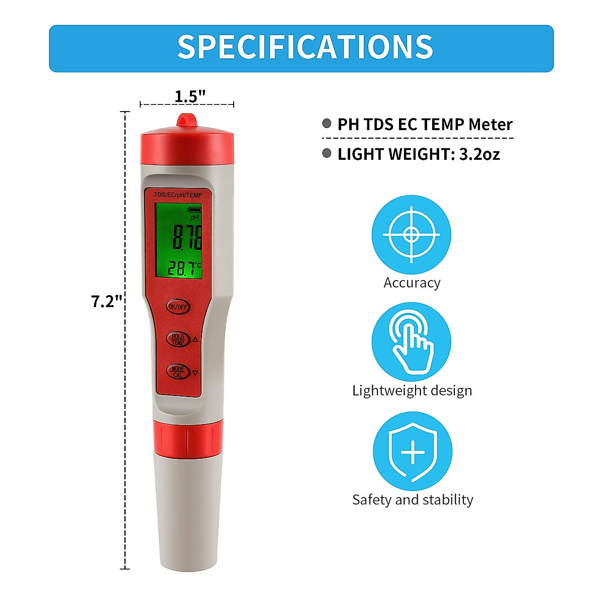 iPower pH Meter Digital Water Lab TDS Tester with EC/Temp Function 4-in-1 ±0.1 High Accuracy for Drinking Water, Pool, Aquarium, Pond, Beer Brewing