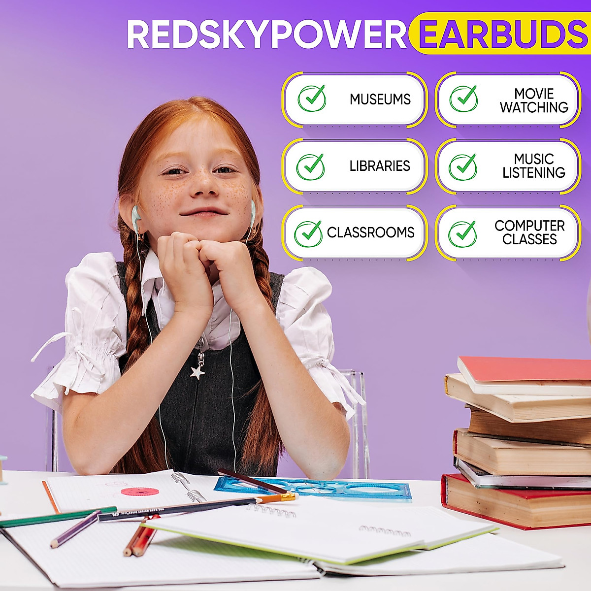 Redskypower 10 Pack Black Color Kid's Wired Earphone Headphones, Individually Bagged, Disposable Earphones Ideal for Students in Classroom Libraries Schools, Bulk Wholesale