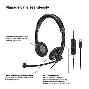 Sennheiser SC 75 USB MS (507086) - Double-Sided Business Headset | For Skype for Business, with Mobile Phone, Tablet, Softphone, and PC | HD Sound & Noise-Cancelling Microphone (Black)