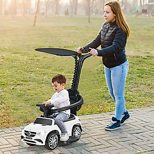 INFANS 3 in 1 Licensed Mercedes Benz Ride on Push Car, Kids Toy Stroller for Toddlers with Push Handle, Baby Foot-to-Floor Sliding Walker with Removable Canopy, Music, Horn, Under Seat Storage (White)