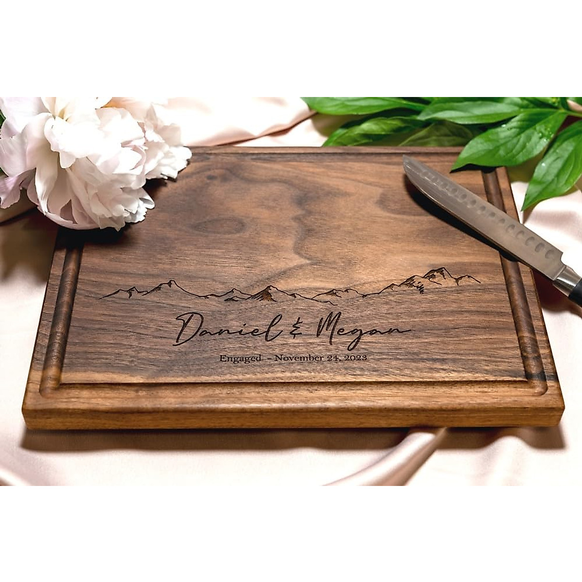 Personalized Cutting Board, Custom Wedding, Anniversary or Housewarming Gift Idea, Wood Engraved Charcuterie, for Couples and Friends, Minimalist Mountain Design 103