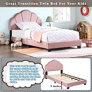 Gustonhon Upholstered Twin Size Platform Bed for Kids,Twin Bed Frame with Slatted Bed Base and Playful Headboard for Teens Girls,No Boxing Spring Needed (Pink)