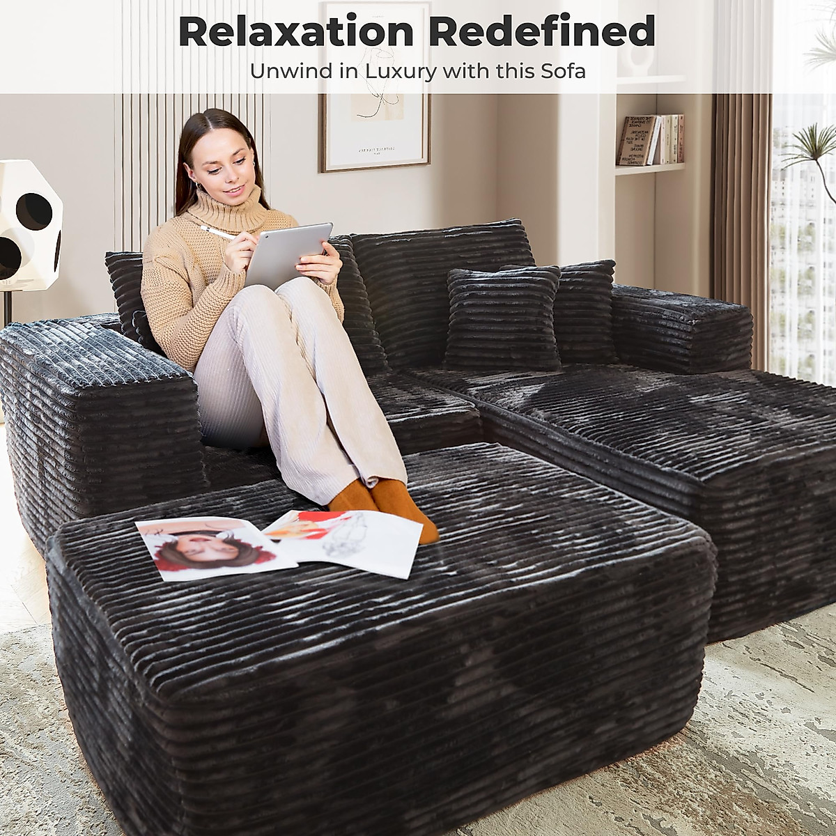 CAODOC Modular Sectional Sofa Bed,79"x 69" No Assembly Required Lounge Chaise Chair,Cloud Plush Modern Sleeper Loveseat for Living Room Bedroom(Right Facing Chaise,Black)