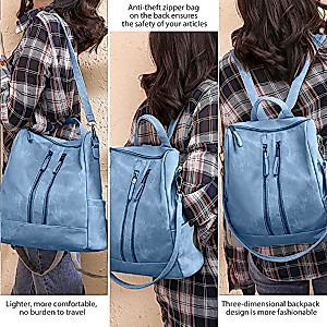 Poopy Women Multifunctional Soft Leather Handbag Purses Shoulder Backpack Crossbody Zipper Bag with Pocket (blue)