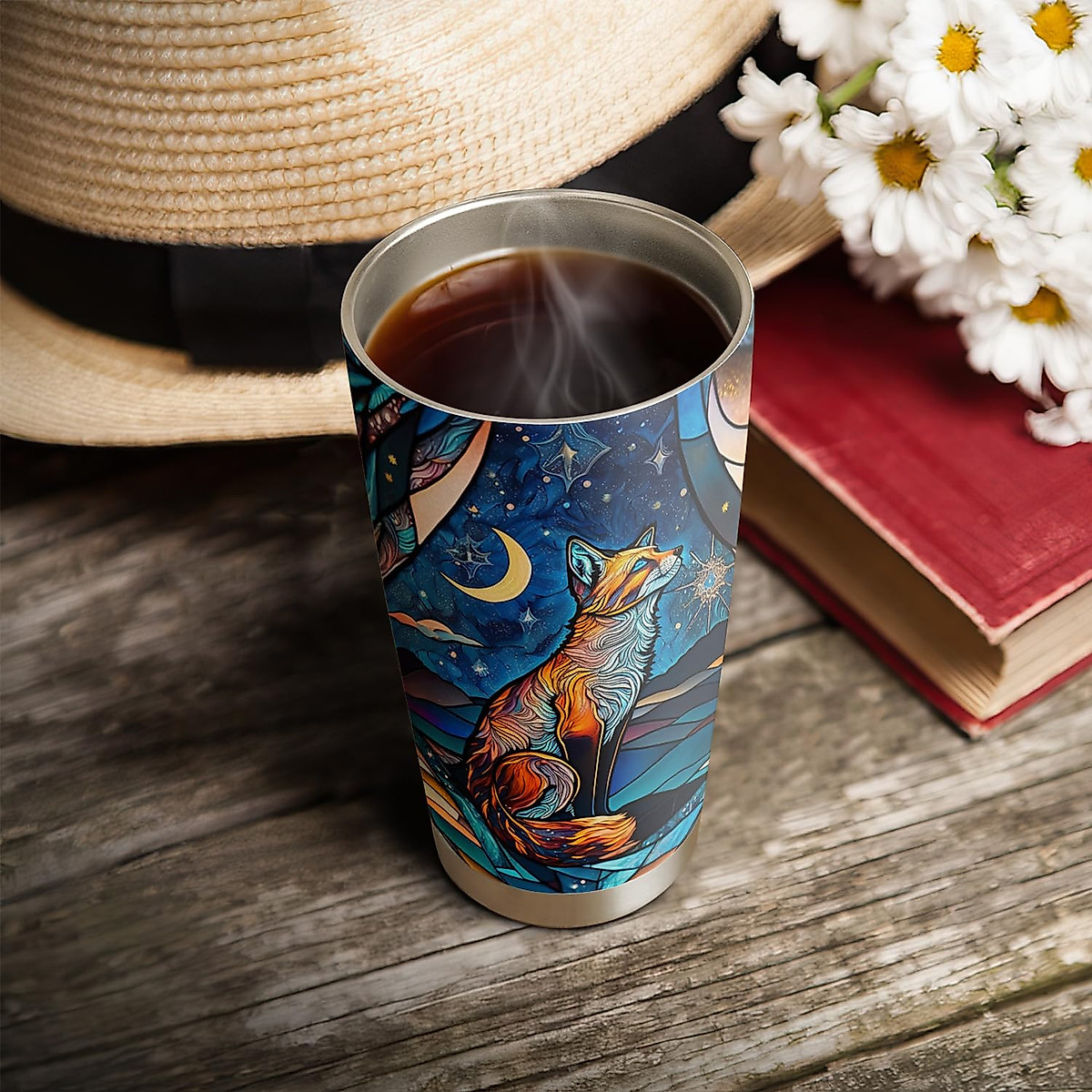 20oz Starry Moonlight Night Fox Tumbler, Gifts for Fox Lovers, Coffee Thermos for Women, Stainless Steel Double Wall Vacuum Insulated Coffee Mug, Travel Cup with Lid