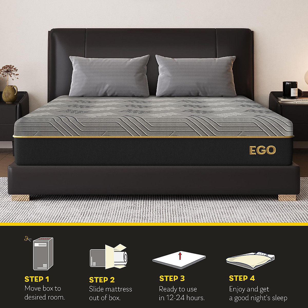 EGOHOME 12 Inch King Mattress, Copper Gel Cooling Memory Foam Mattress for Back Pain Relief,Therapeutic Double Mattress Bed in a Box, Made in USA, CertiPUR-US Certified, 76x80x12 Black
